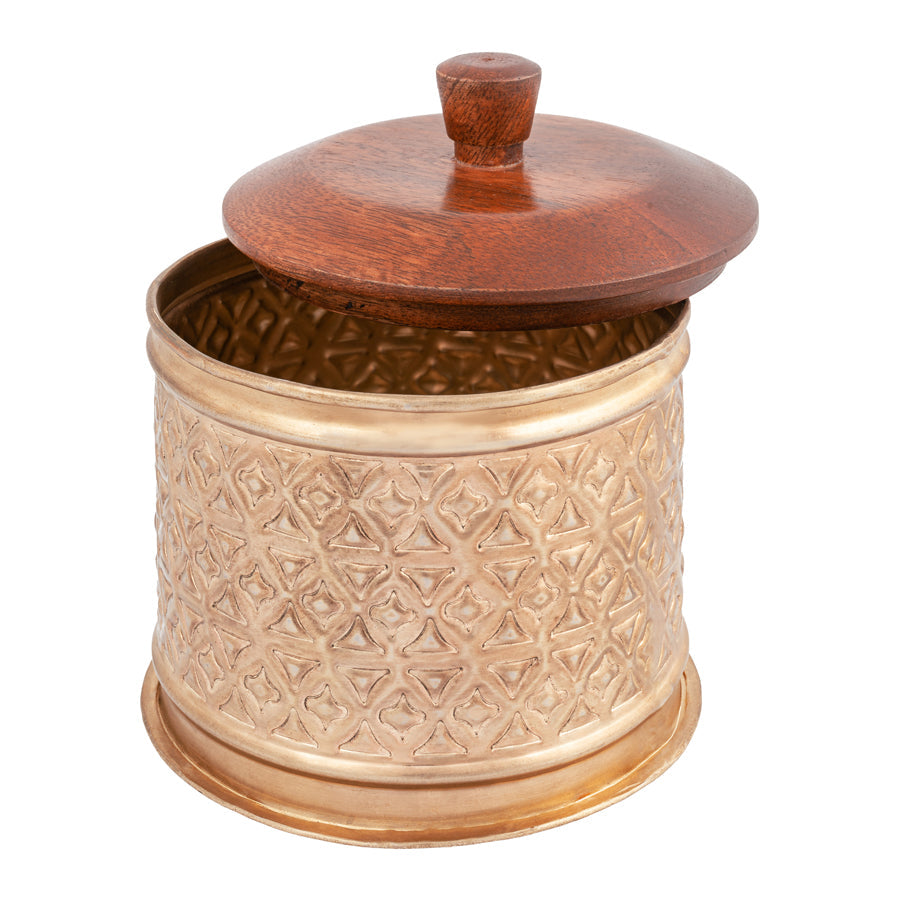 Handcrafted Round Metal Pressed Box w/Mango Wood Lid