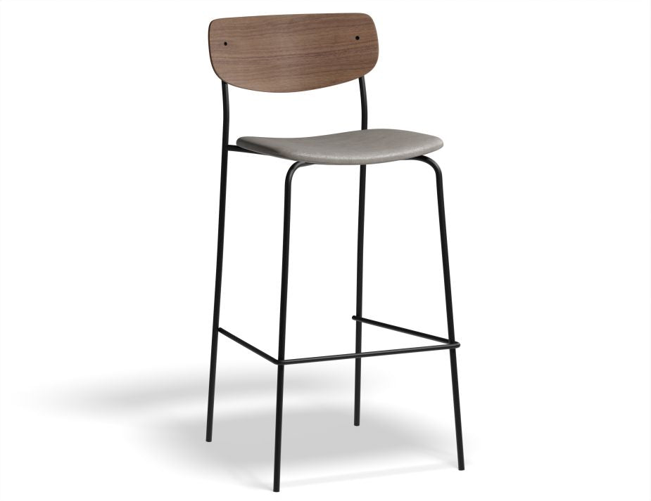 Rylie Stool - Padded Seat with Walnut Backrest - 75cm Bar Height - Gre